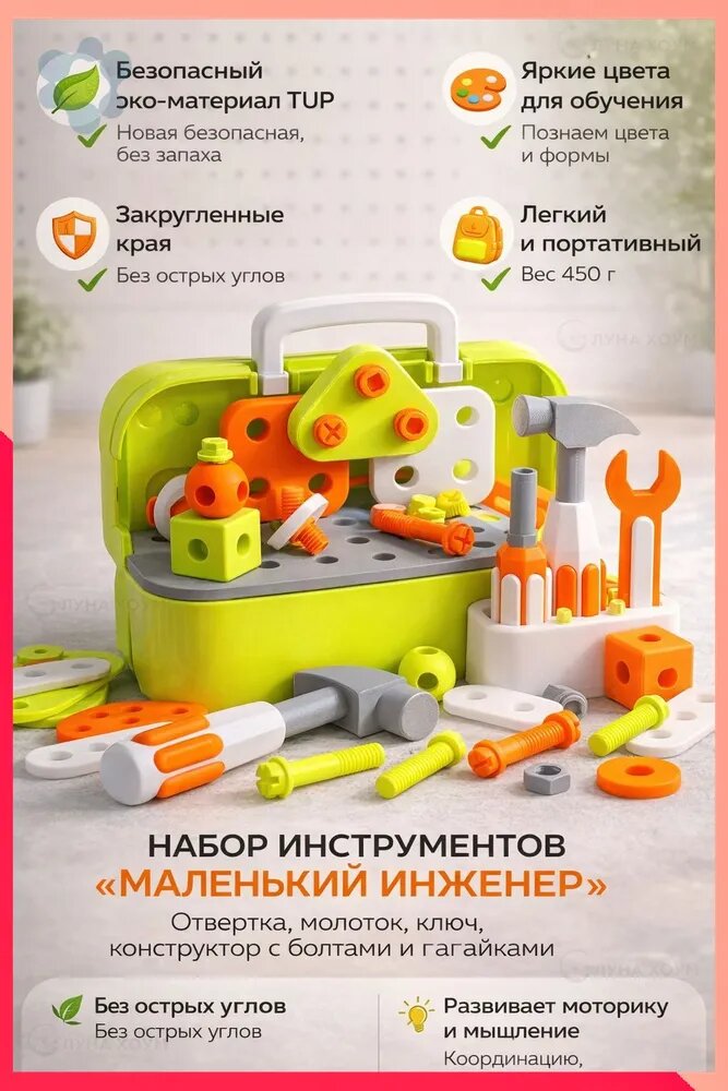 Детский набор инструментов Маленький инженер, развивающая игрушка с отверткой, молотком и ключом, конструктор с болтами и гайками, безопасный экологичный материал TUP, переносной кейс 450 г