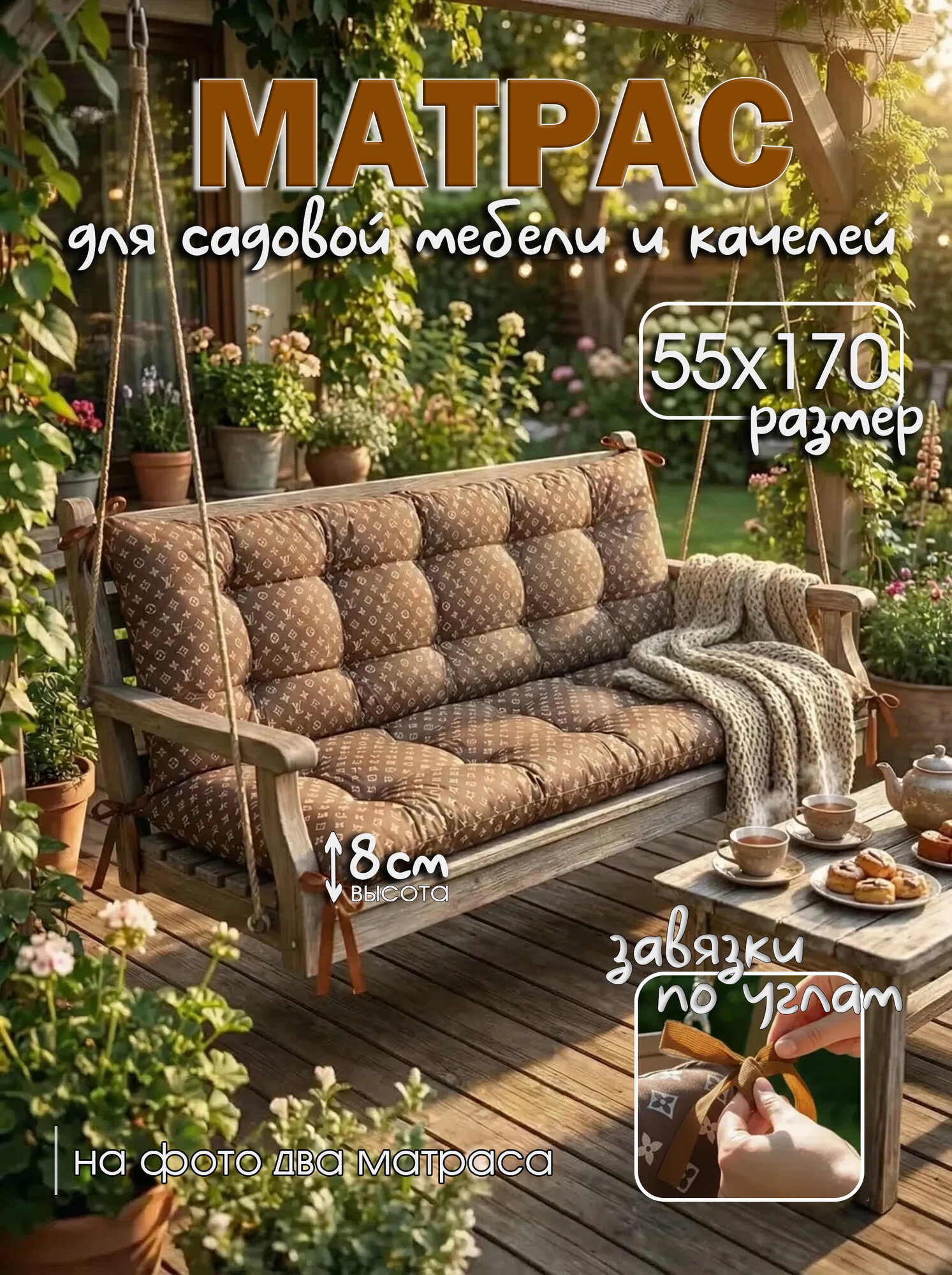 Матрас для садовой мебели и качелей 55х170см - 1 штука