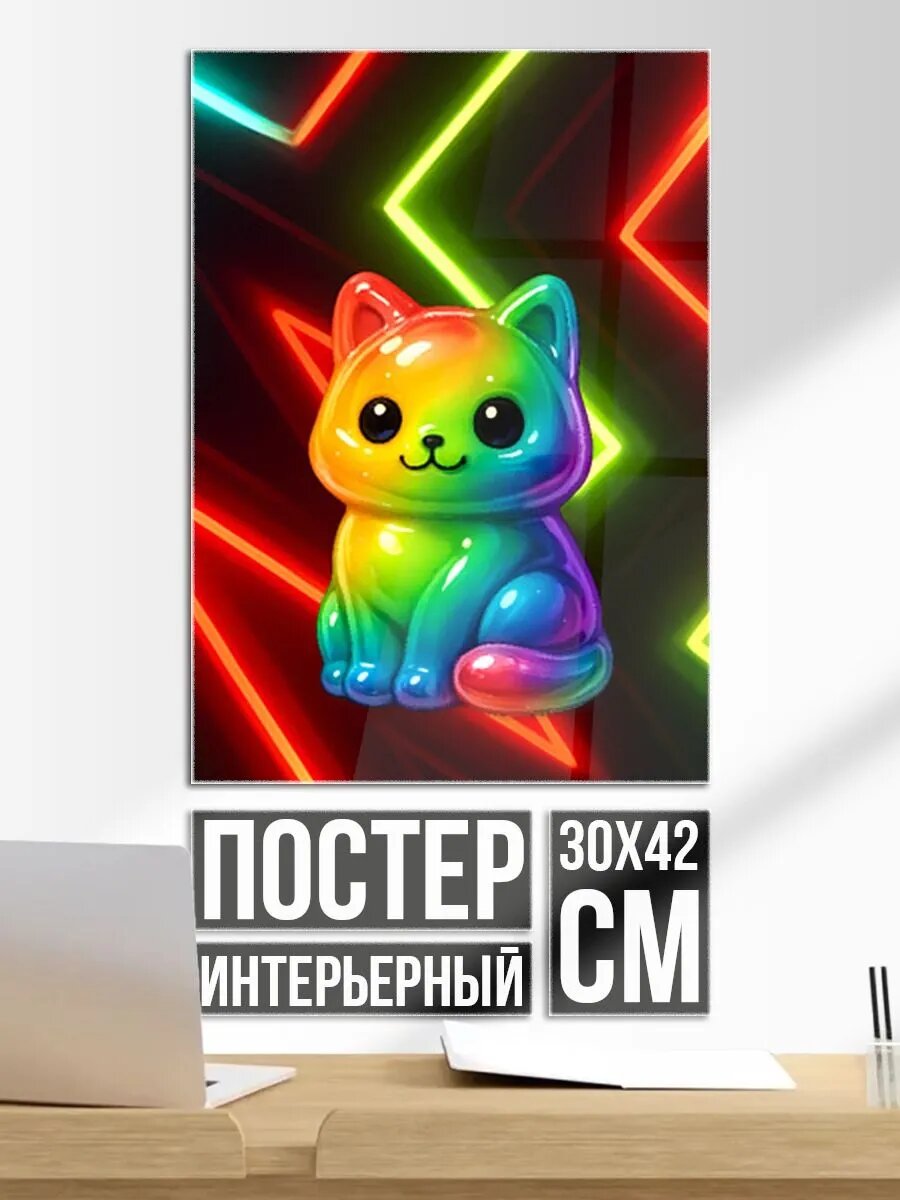 Постер на стену Радужный объемный котенок и неоновые линии