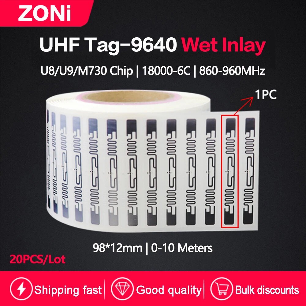 RFID метки UHF ZN100 20 шт. Wet Inlay 98x12mm