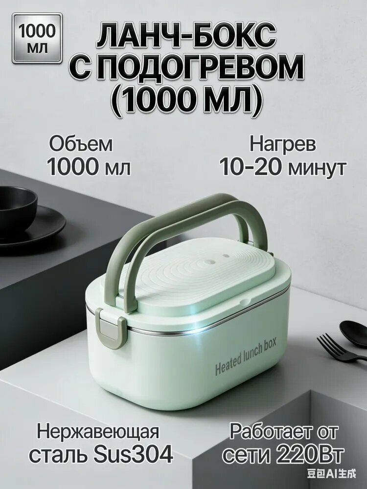Контейнер для еды с подогревом 1.2 л, ланч-бокс из нержавеющей стали 304, двухсекционный термос для обеда, герметичный, 220V, пастельный зеленый