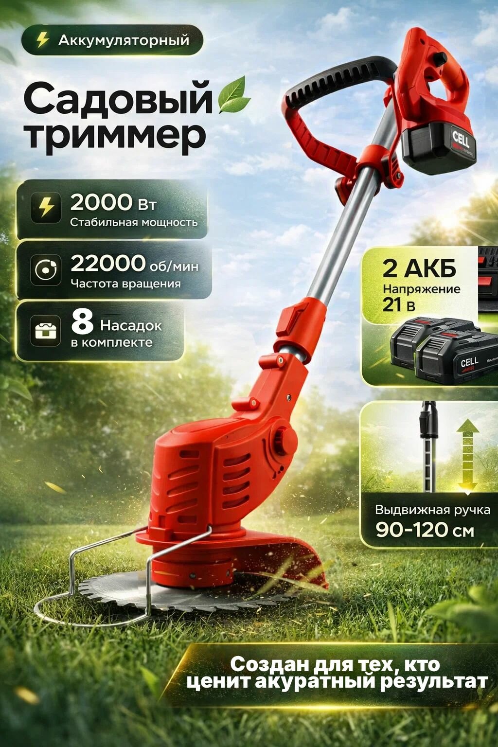 Триммер аккумуляторный садовый с двумя аккумуляторами, газонокосилка ручная 20000 об. мин