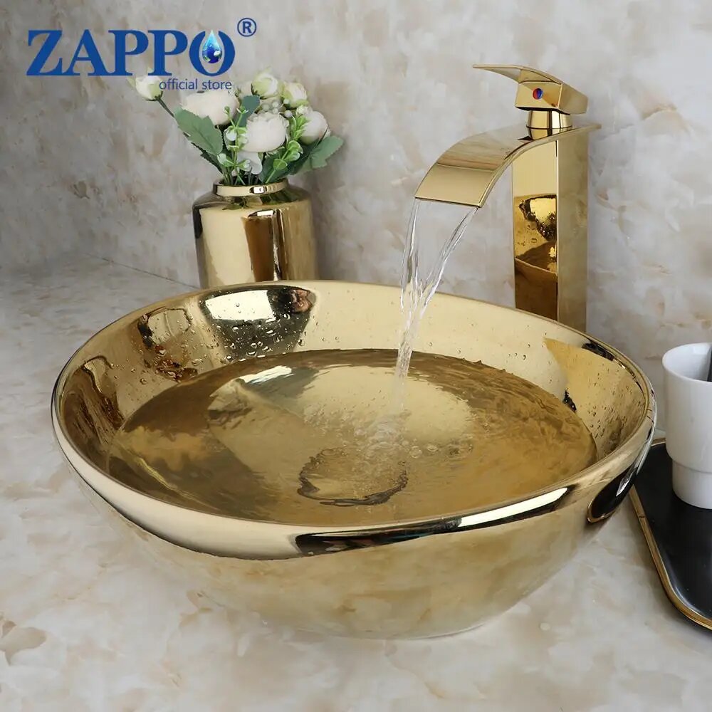 Роскошная большая золотая ванная раковина ZAPPO из керамики, раковина для ванной комнаты над счетчиком, комбо раковина для мытья с смесителями, дреней и бассейными раковинами