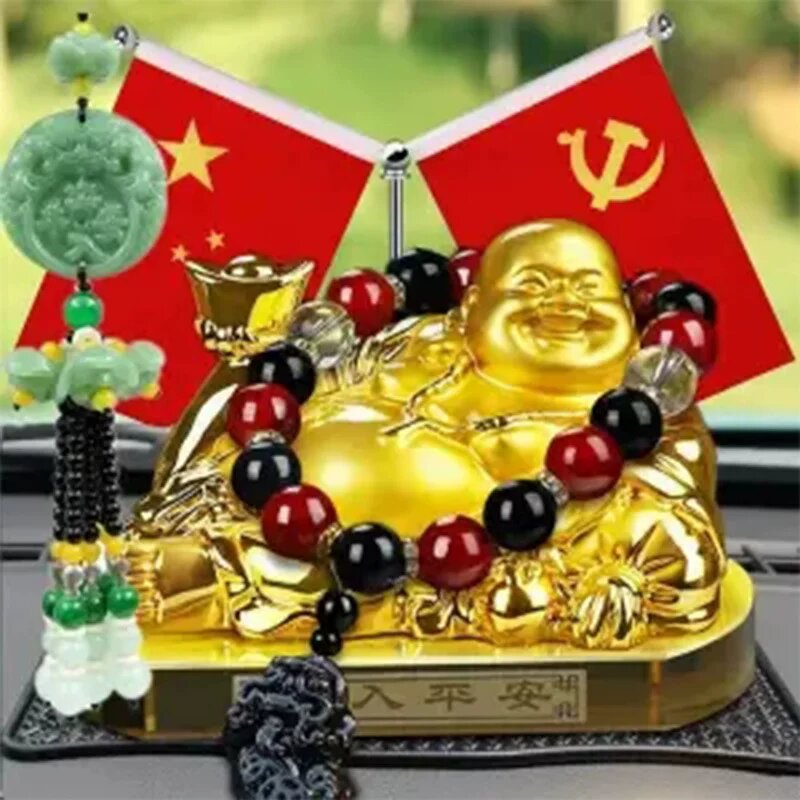 Большой золотой Будда с красным флагом, бусинами Пицюй и каменным подвесом: декор для авто, фэн-шуйский талисман на