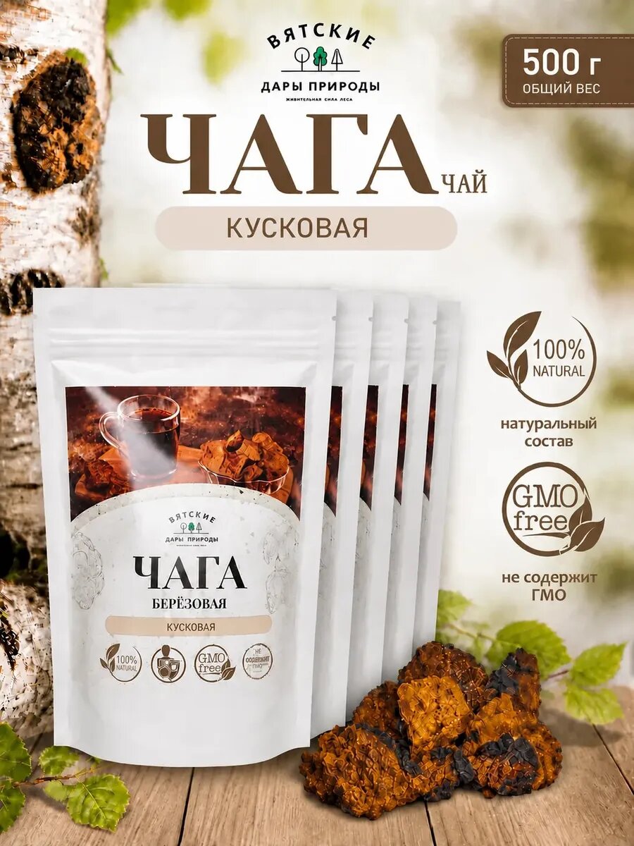 Набор Чага Чай березовая кусковая 5 шт по 100 гр. Вятские дары природы