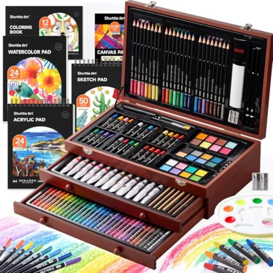 Делюксный набор для творчества Gift Art Kit из 202 элементов с деревянными художественными принадлежностями, включая 4 блокнота для рисования, холсты, раскрашенные листы, акриловую краску, карандаши, масляные пасты