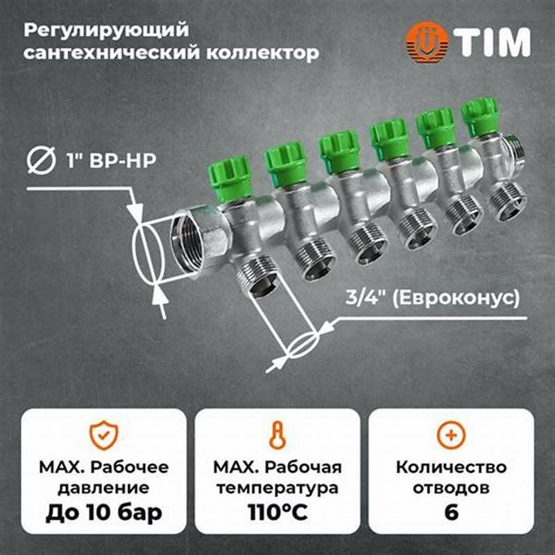 Коллектор регулирующий под 45°, 6 выходов, 1" вн./нар. × 3/4" наружная резьба (под евроконус или адаптер)