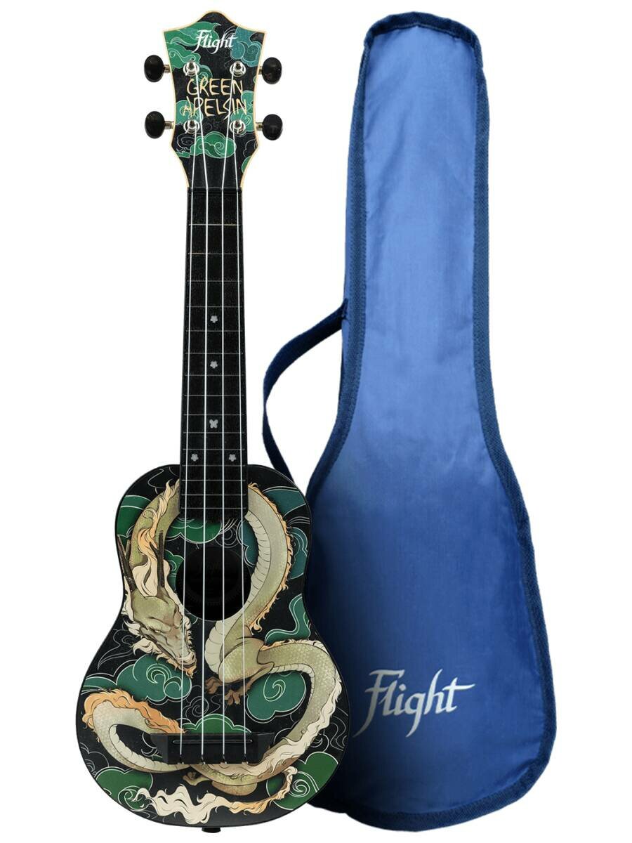 FLIGHT TUS-JADE DRAGON - подписная укулеле Green Apelsin, серия Travel, сопрано, верхняя дека липа, корпус пластик