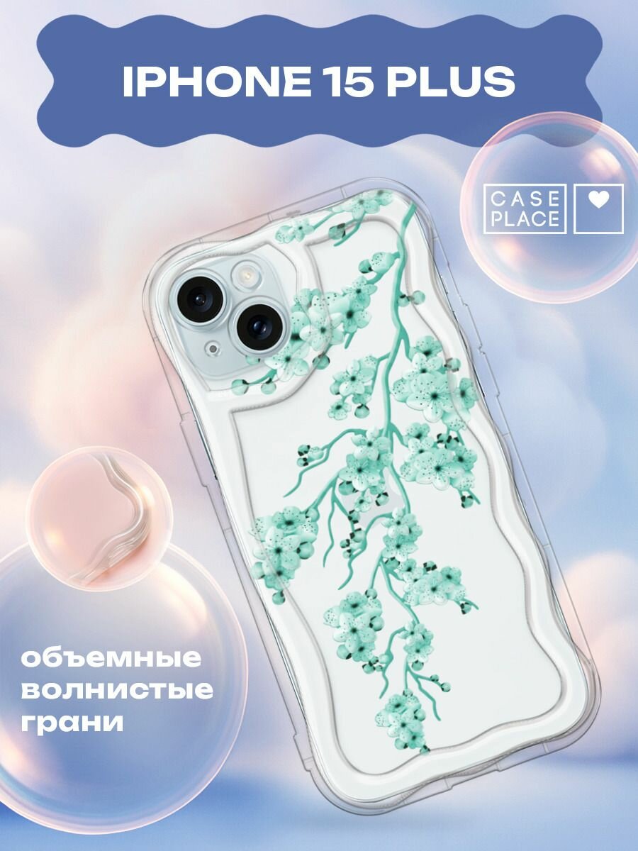 Чехол на Apple iPhone 15 Plus / Айфон 15 Плюс с принтом Бирюзовая веточка сакуры