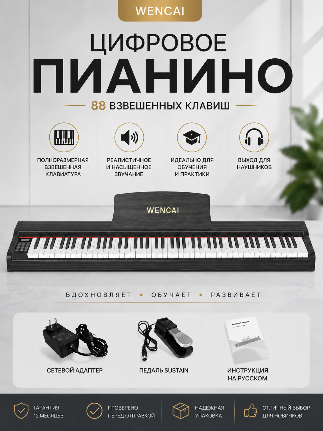 Цифровое пианино WENCAI BL-280, 88 клавиш, полувзвешенная клавиатура, Bluetooth, USB/MIDI, для обучения и дома