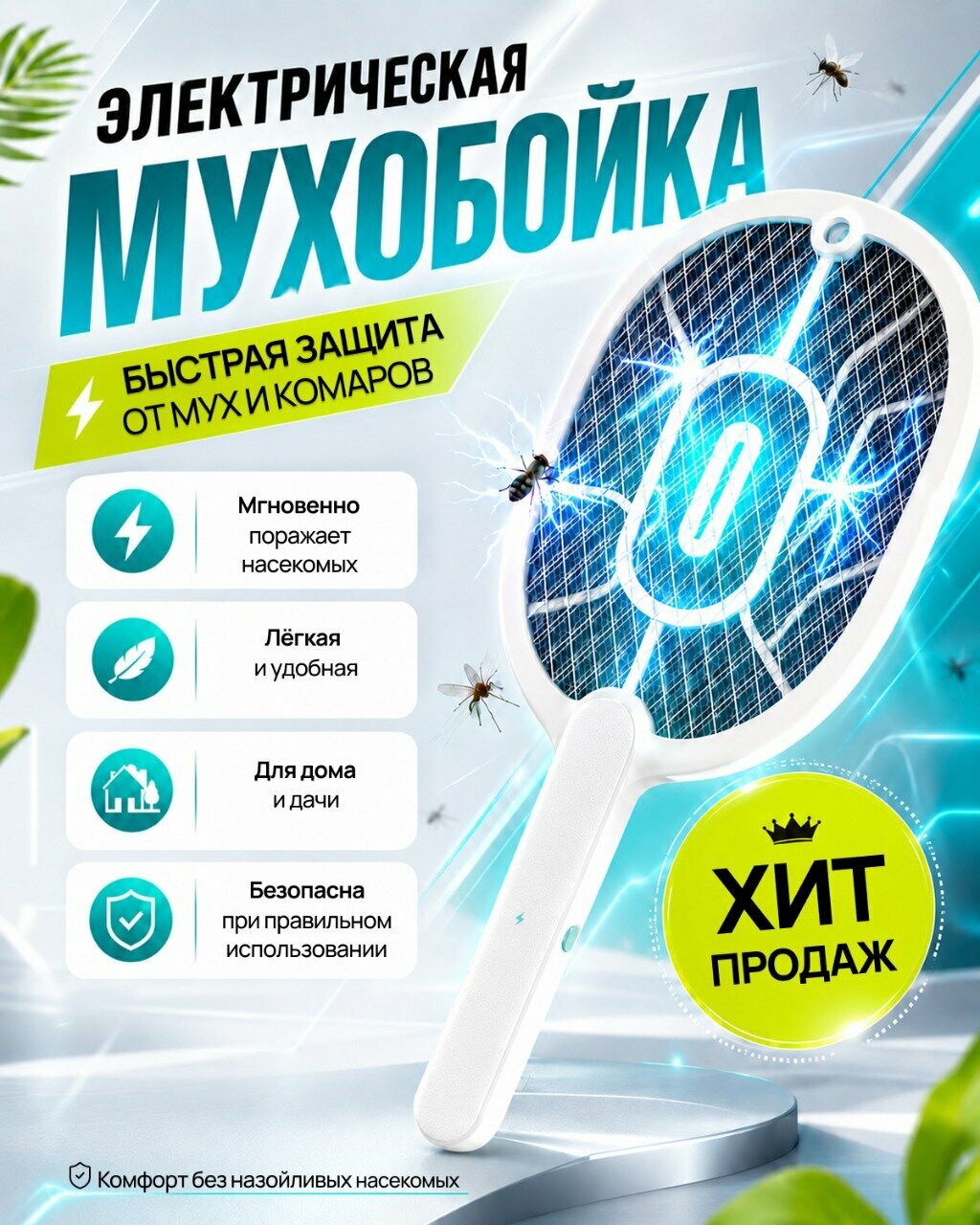 Мухобойка электрическая для насекомых, ракетка с аккамулятором