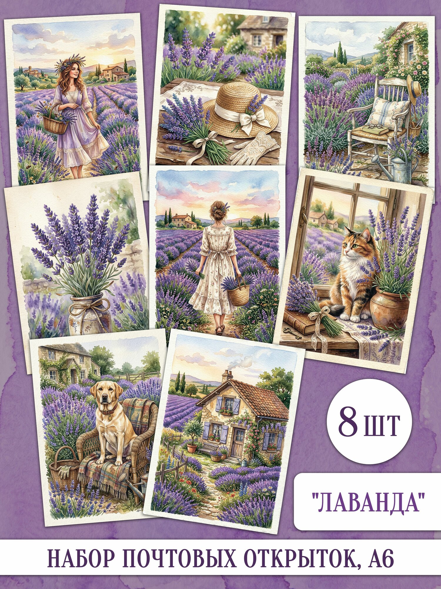 Набор почтовых открыток "Лаванда", для посткроссинга, 10x15 см, 8 шт.