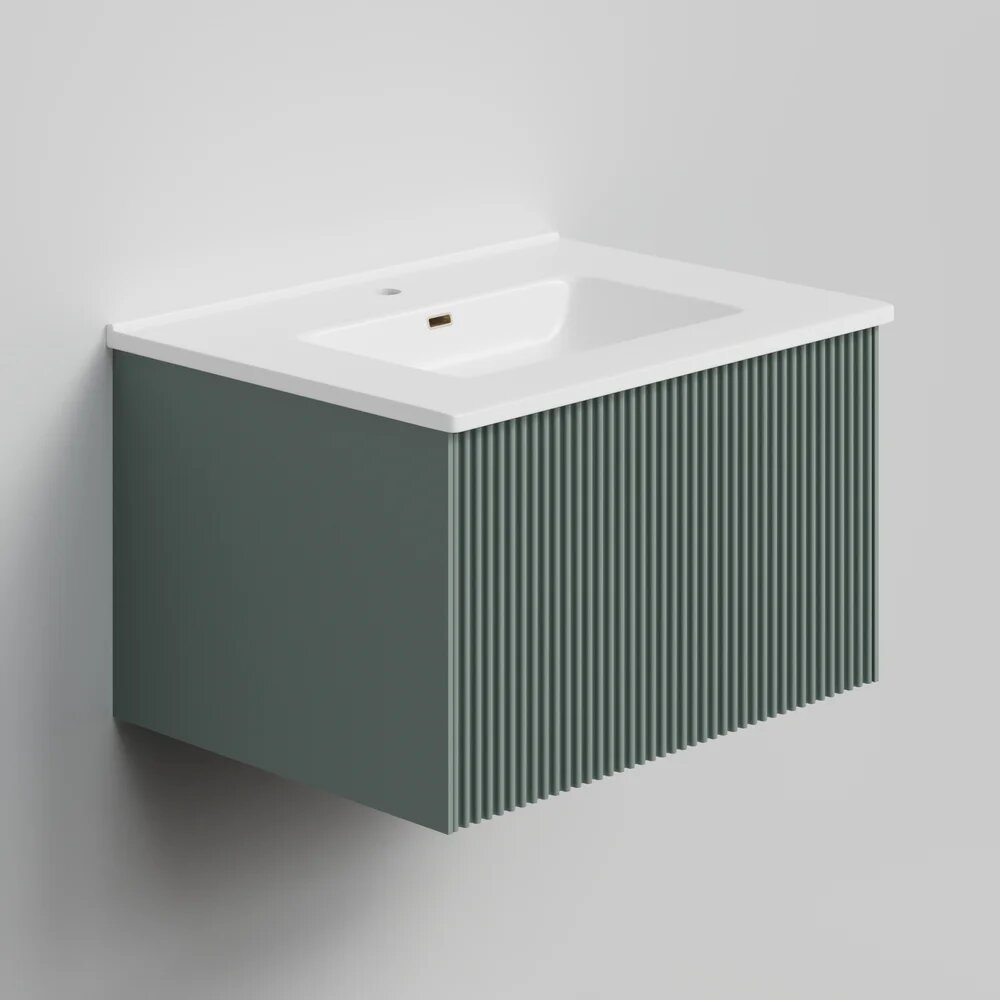 Тумба с раковиной La Fenice Terra 60 подвесная, 61 см, серая, матовая, из МДФ, с ящиками, раковина для ванной, фарфоровая, прямоугольная, встроенный слив-перелив