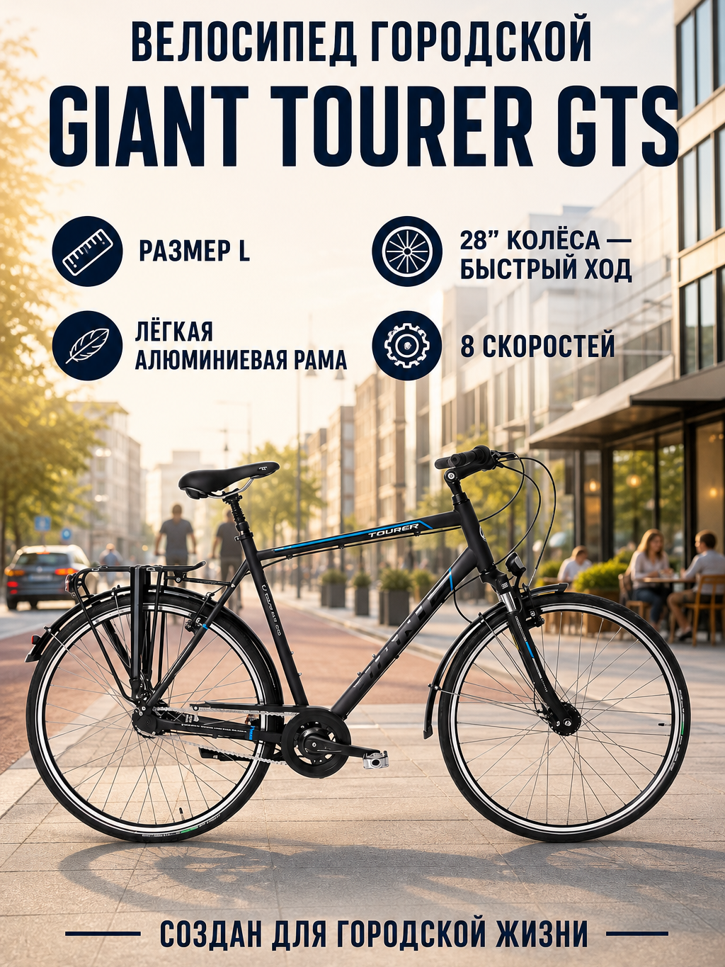 Велосипед городской Giant Tourer GTS размер L, рама 20", колеса 28", 8 скоростей, черный