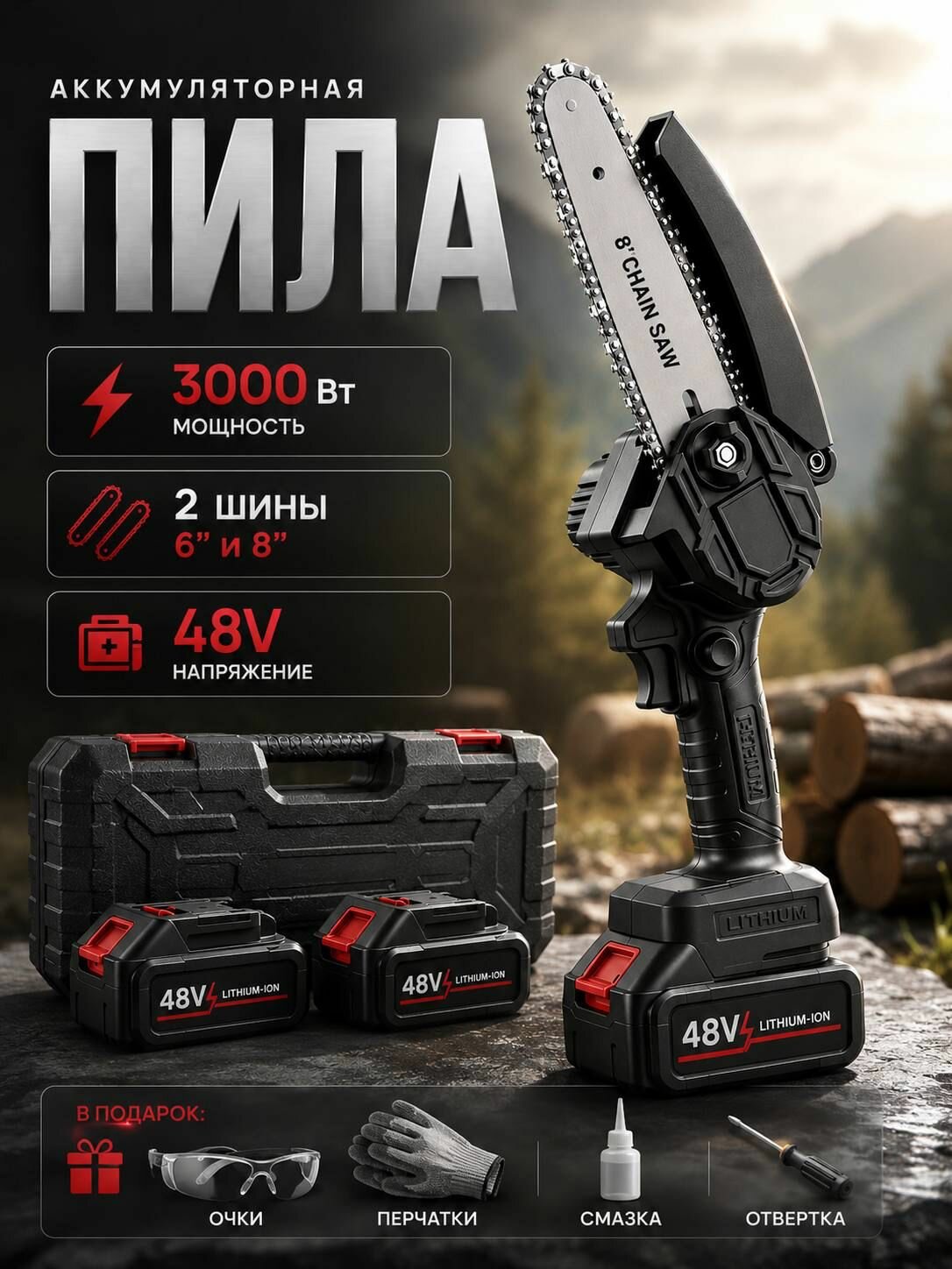 Пила аккумуляторная садовая, 8 и 6 дюймов, 3000W