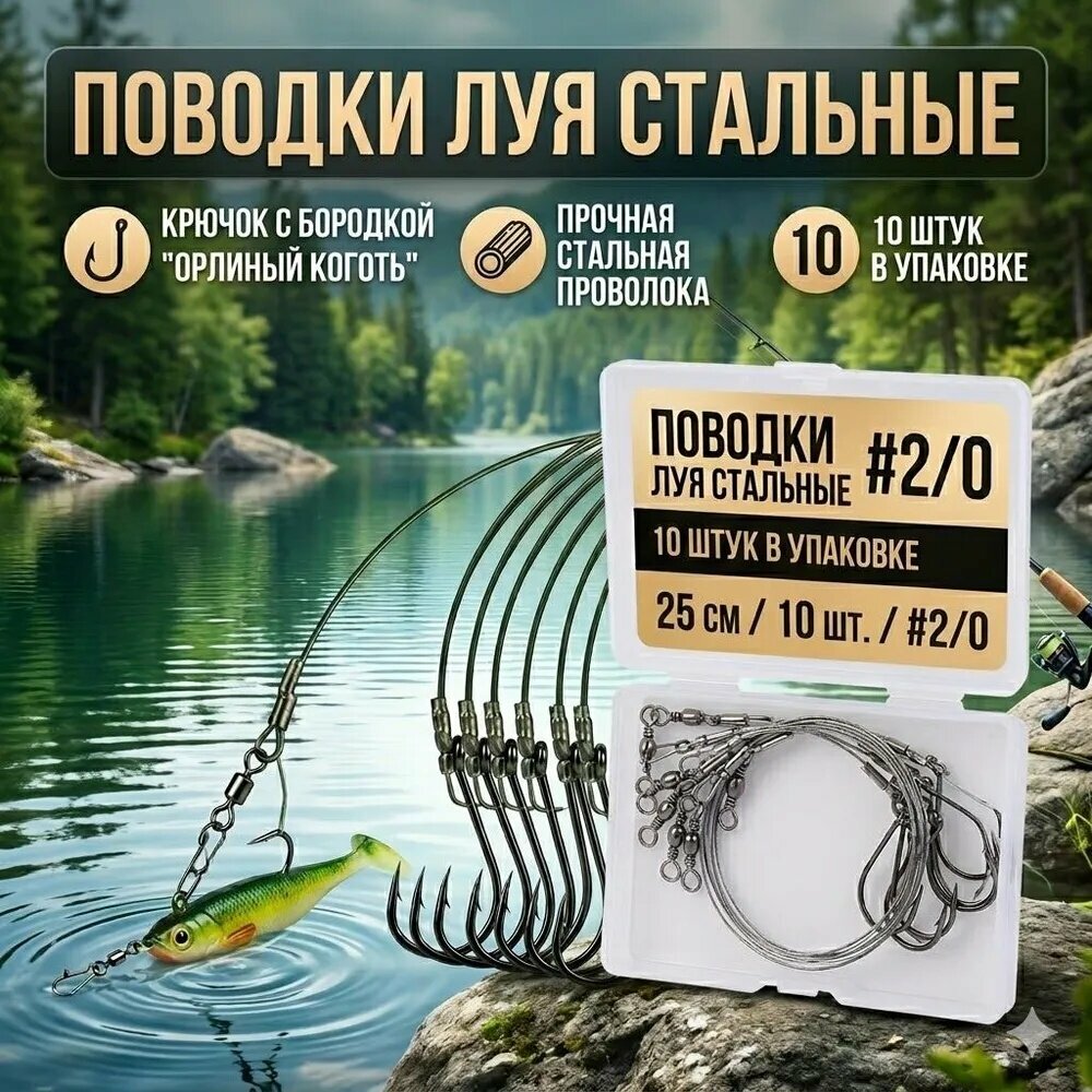 Поводки для рыбалкиЛеска стальная для лурья, крючок орлиный нос с зазубриной, предотвращает запутывание