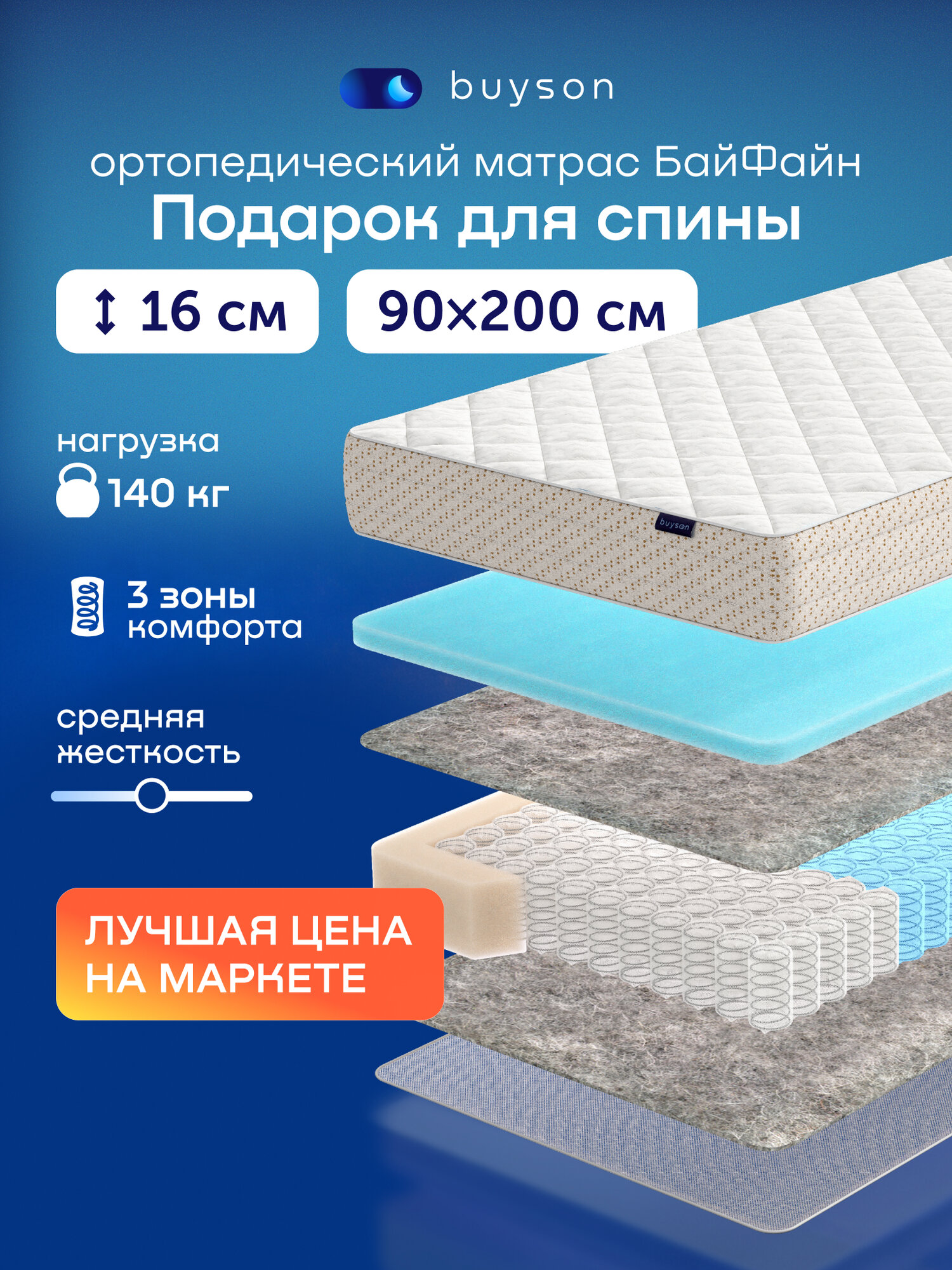 Односпальный ортопедический матрас buyson БайФайн, 90х200 см, независимые пружины