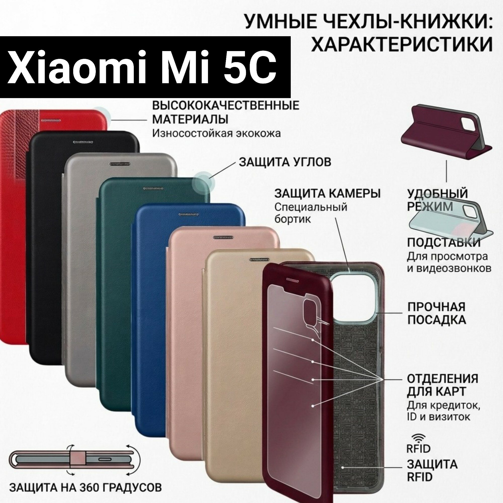 Чехол книжка для Xiaomi Mi 5C с магнитным замком и отделением для карт, черный