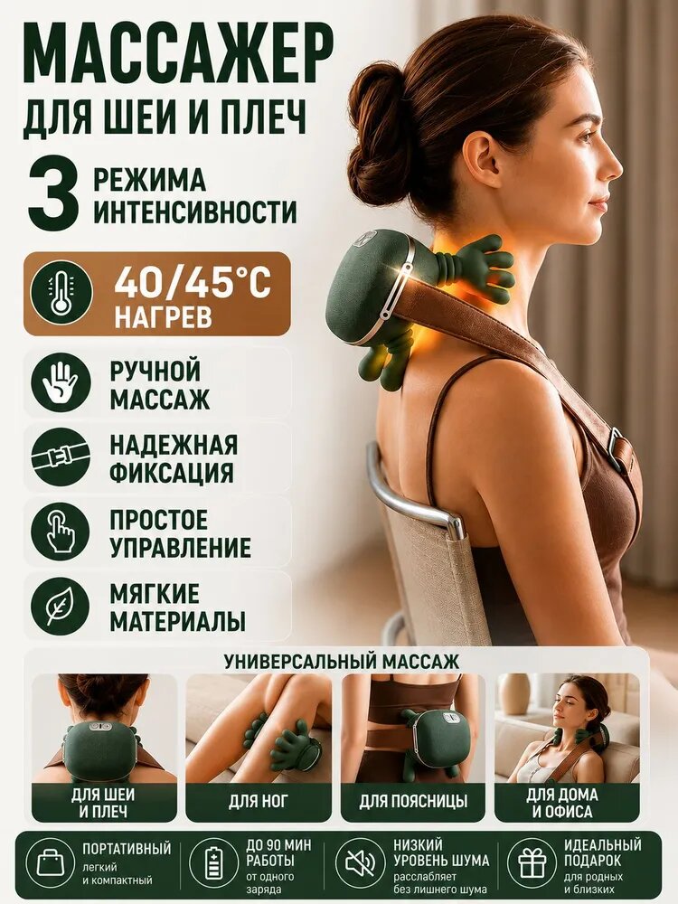 Массажер для шеи и плеч электрический, 3D имитация руки, с подогревом 40/45 C и инфракрасным светом, 3 режима, для спины, поясницы и ног