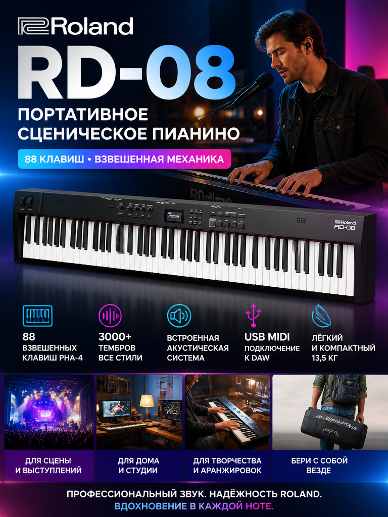 Цифровое пианино Roland RD-08, 88 клавиш, молоточковая механика, встроенная акустика