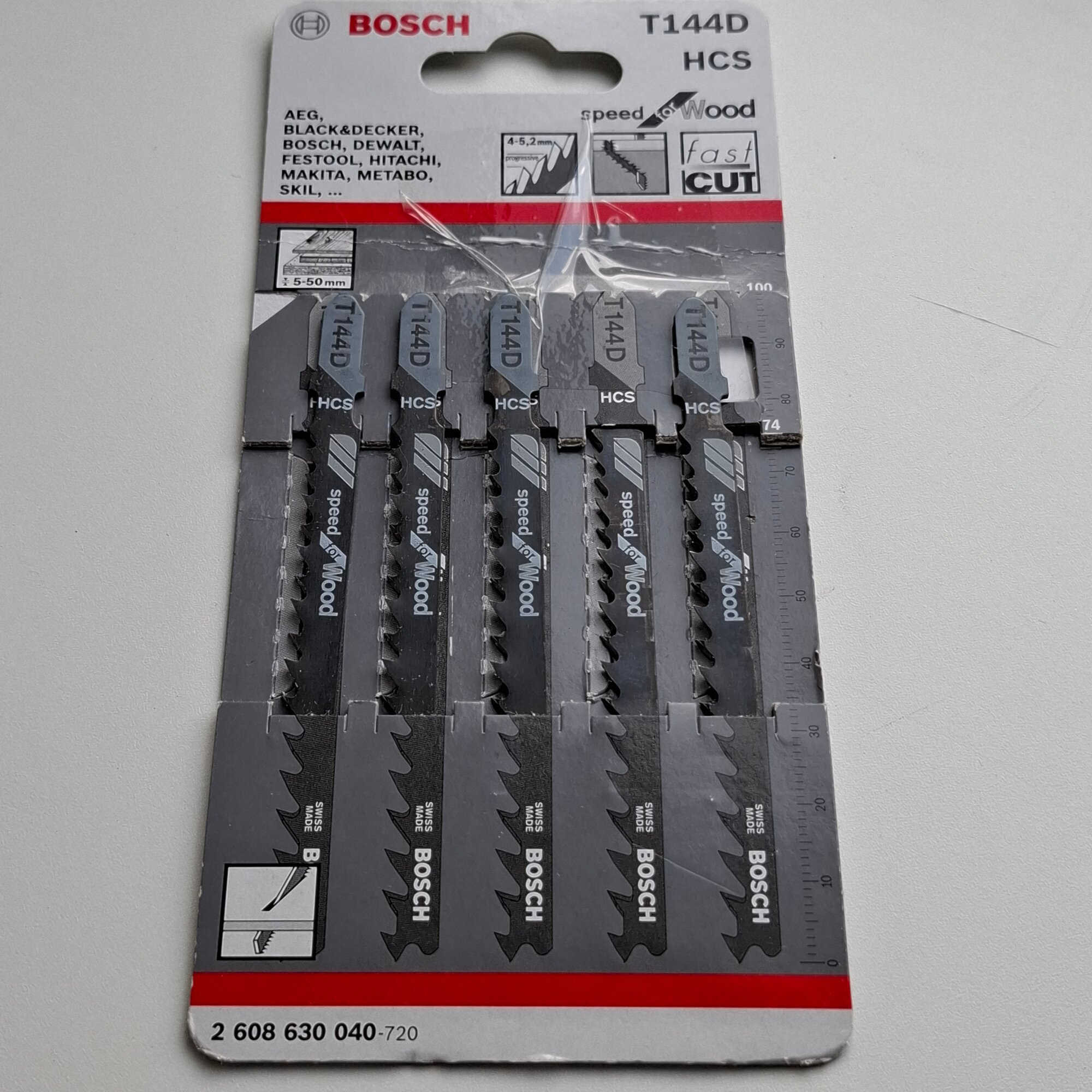 Пилки для лобзика Bosch T 144 D /БОШ Speed for Wood/ 2608630040 быстрый грубый пропил в древесине и ДСП, 5 шт