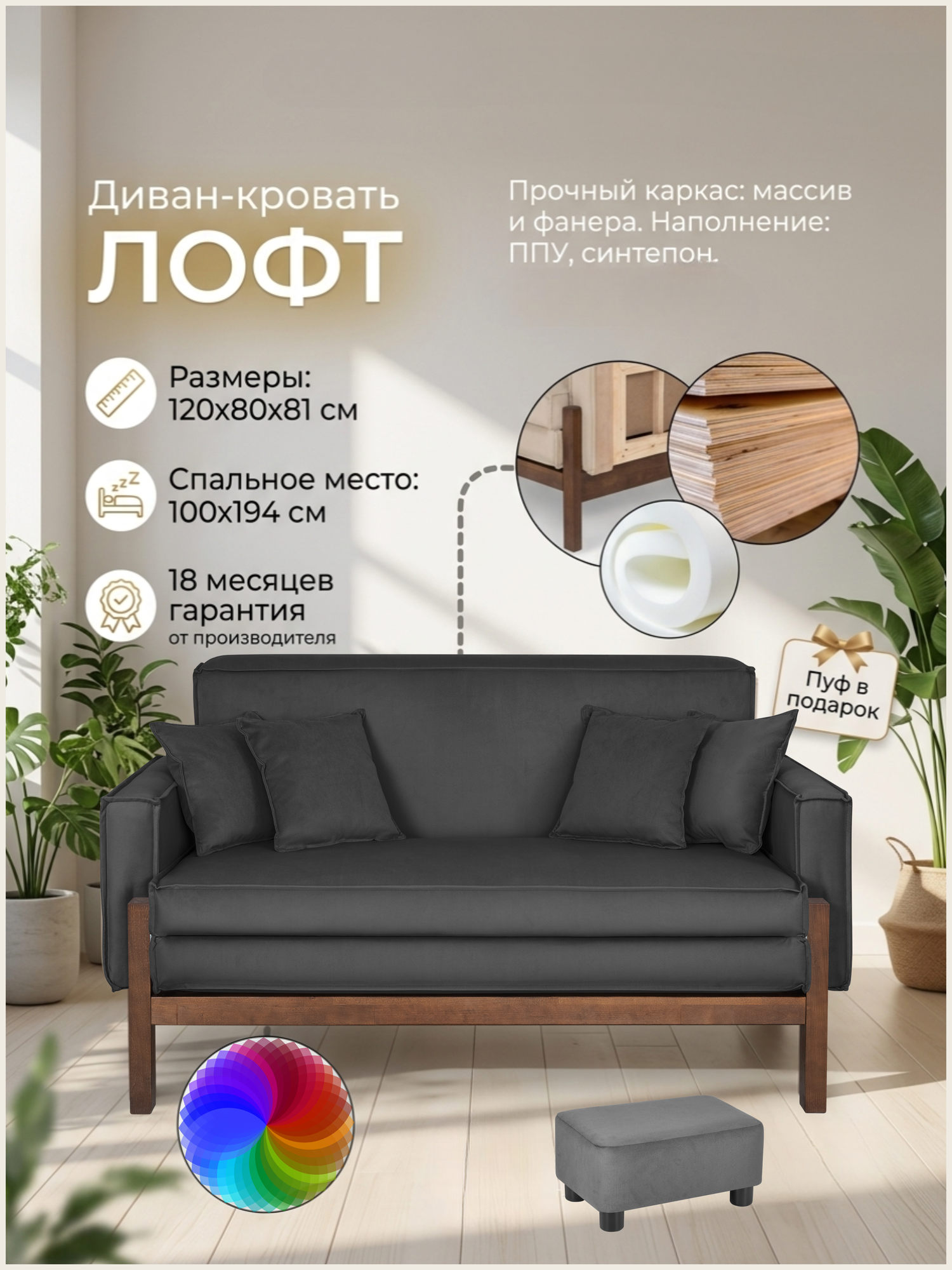 Диван-кровать лофт, прямой, 120х80х81, спальное 100*194, велюр черный, Зара Блэк