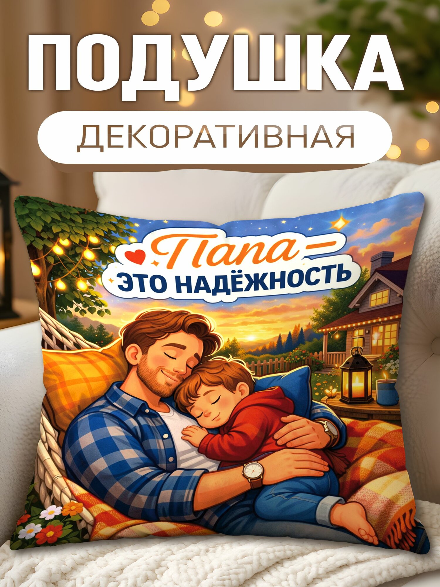 Подушка декоративная с принтом Папа это надежность, размеры 40 х 40 см, 1 шт.