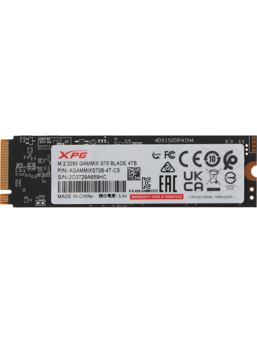 Накопитель SSD A-Data XPG Gammix S70 Blade AGAMMIXS70B-4T-CS 4 ТБ, M.2 2280, PCIe 4.0 x4, NVMe, M.2 7400 МБ/с