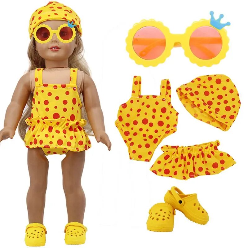 Купальник для куклы 18 дюймов с аксессуарами 18 Inch Doll Bikini Swimsuit Set with Sunglasses & Clogs for American Girl Doll Summer Outfit