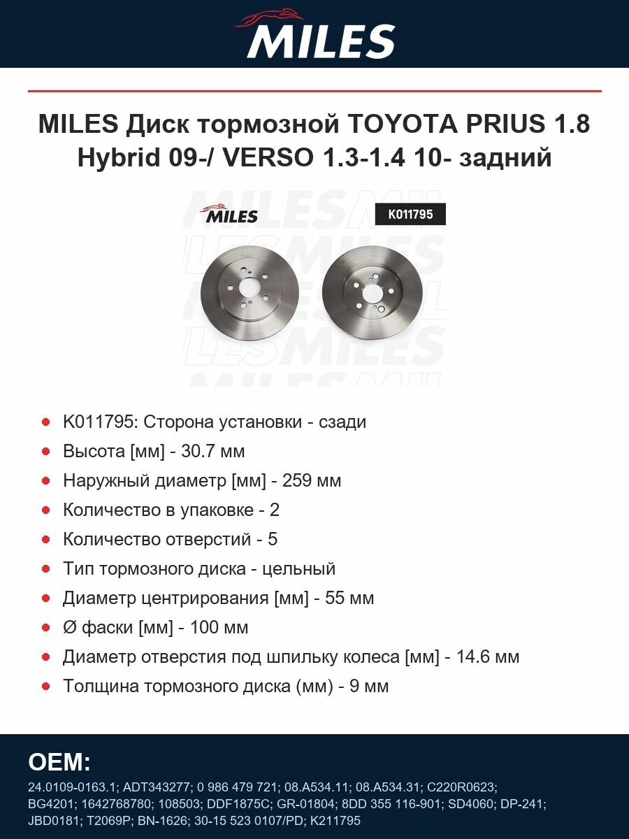 MILES Диск тормозной TOYOTA PRIUS 1.8 Hybrid 09-/ VERSO 1.3-1.4 10- задний