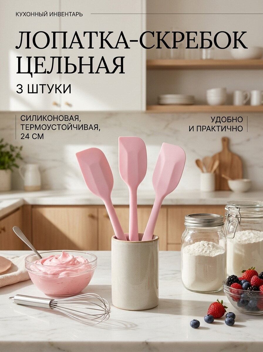 Лопатка-скребок цельная силиконовая, термоустойчивая, розовая, 24см, 3 шт