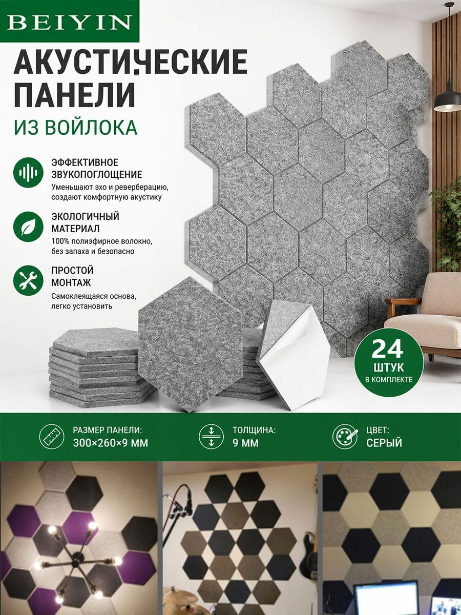 BEIYIN 12 шт. Шестиугольный самоклеящийся Звукопоглощающий материал 30X26CM Шумоизоляция для перегородок декоративные панели для стен