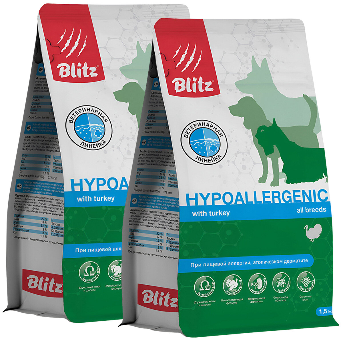 Корм сухой Blitz Hypoallergenic для собак при пищевой аллергии, непереносимости и атопическом дерматите, 1,5 кг 2 шт