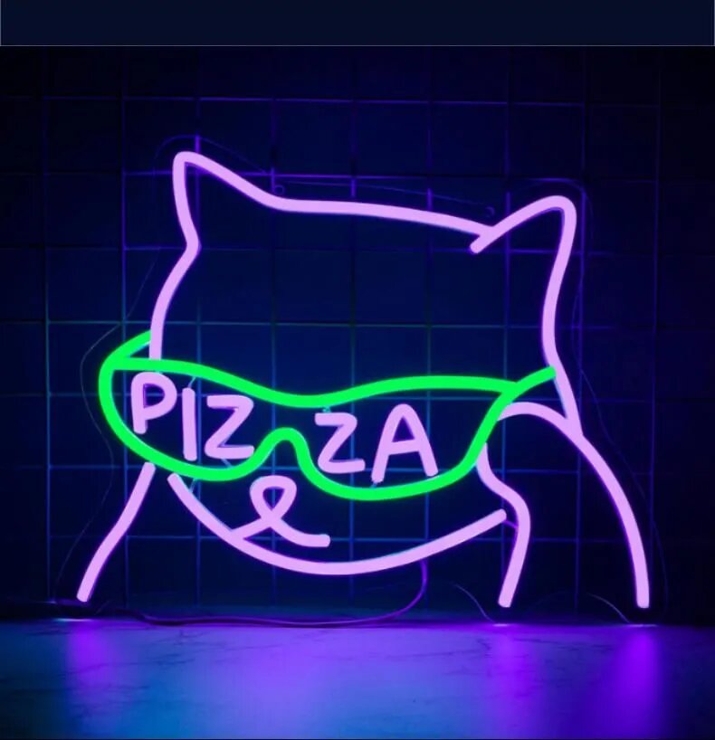 Неоновая вывеска "PIZZA" в виде кота в очках, многоцветная, 451 мм