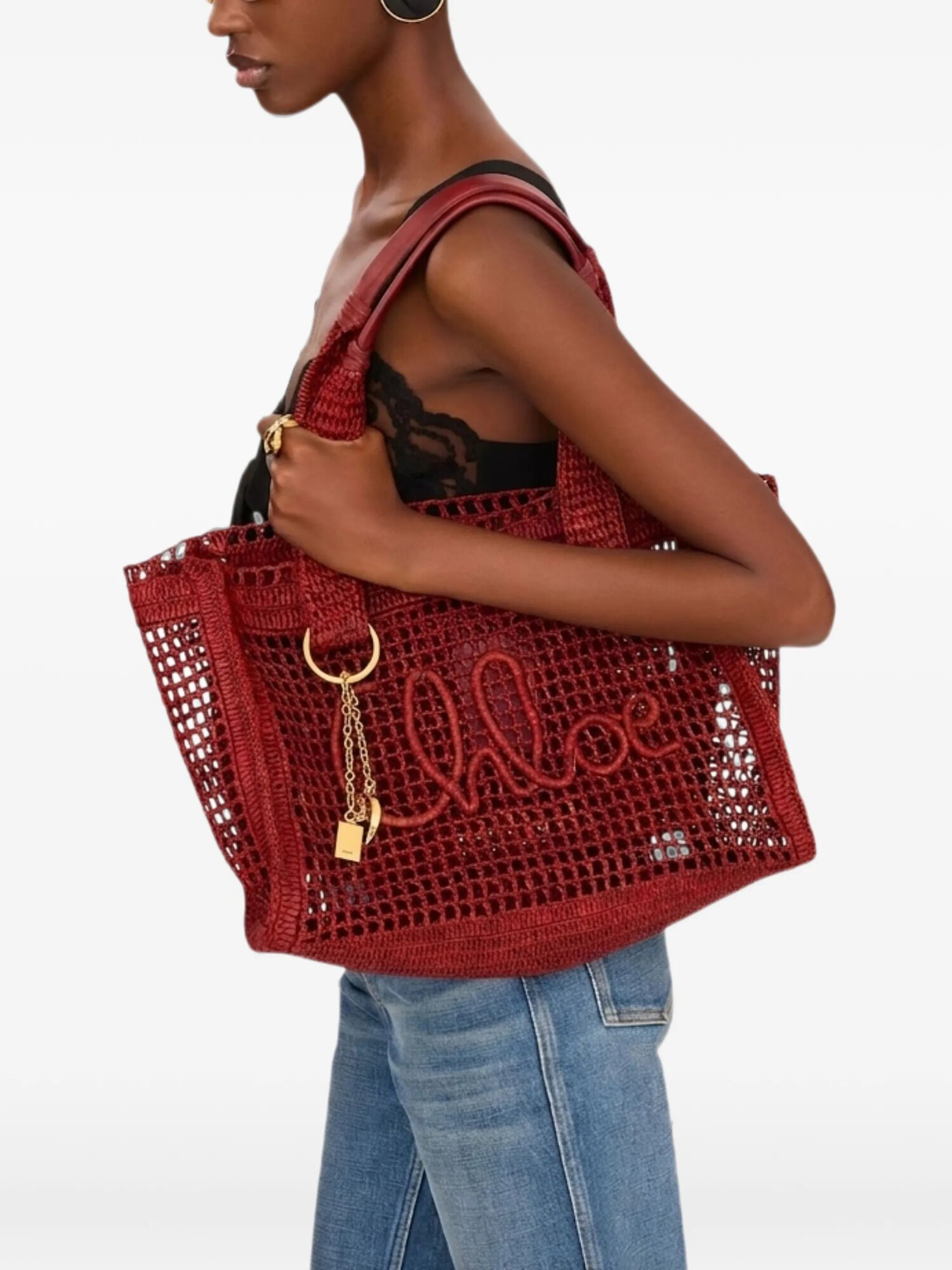 Сумка Chloe Logo-patch open-knit tote bag, зеленый/оранжевый — фото 1