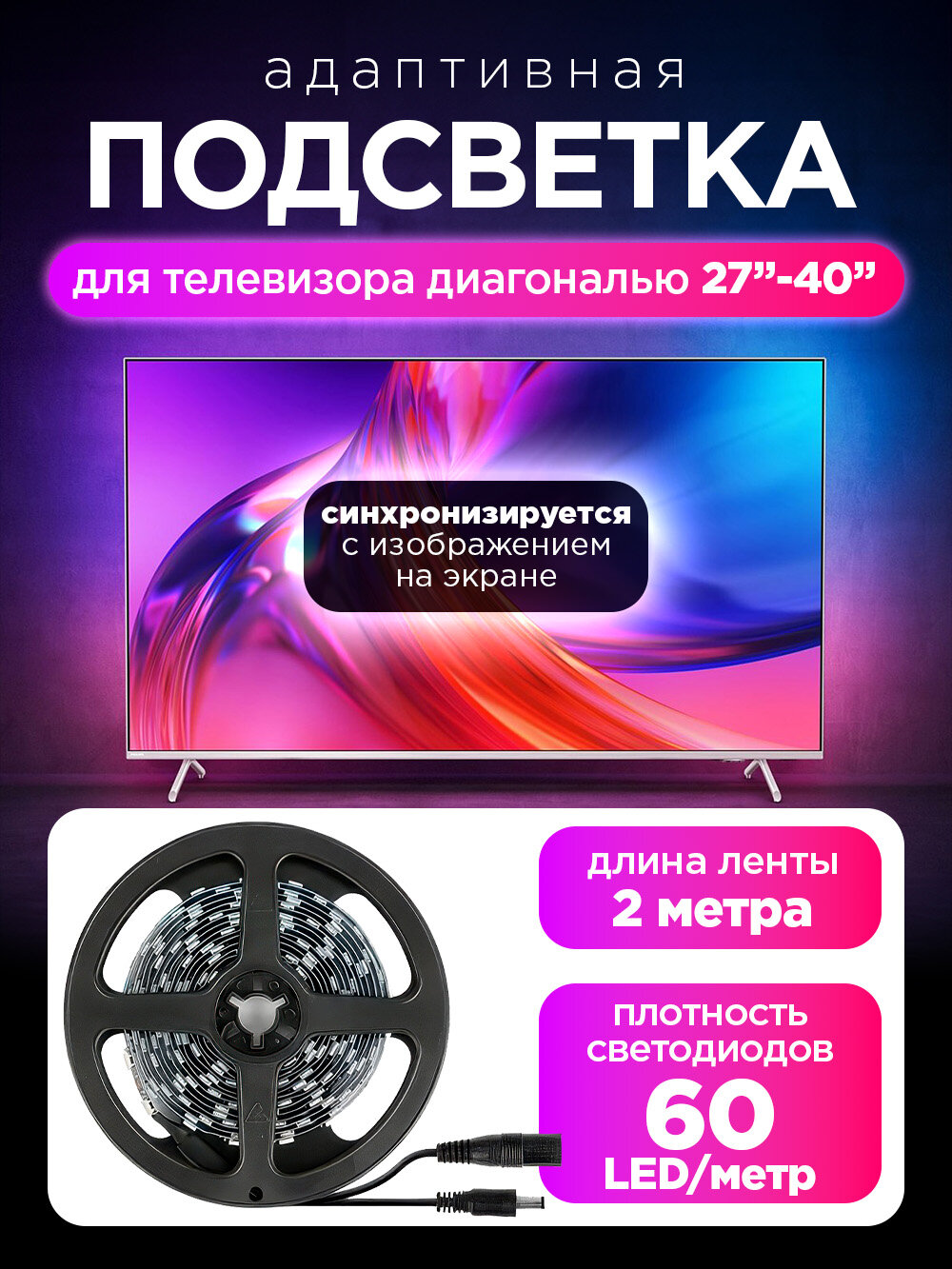 Умная светодиодная RGB лента для монитора или телевизора / Адаптивная подсветка LED 2 м