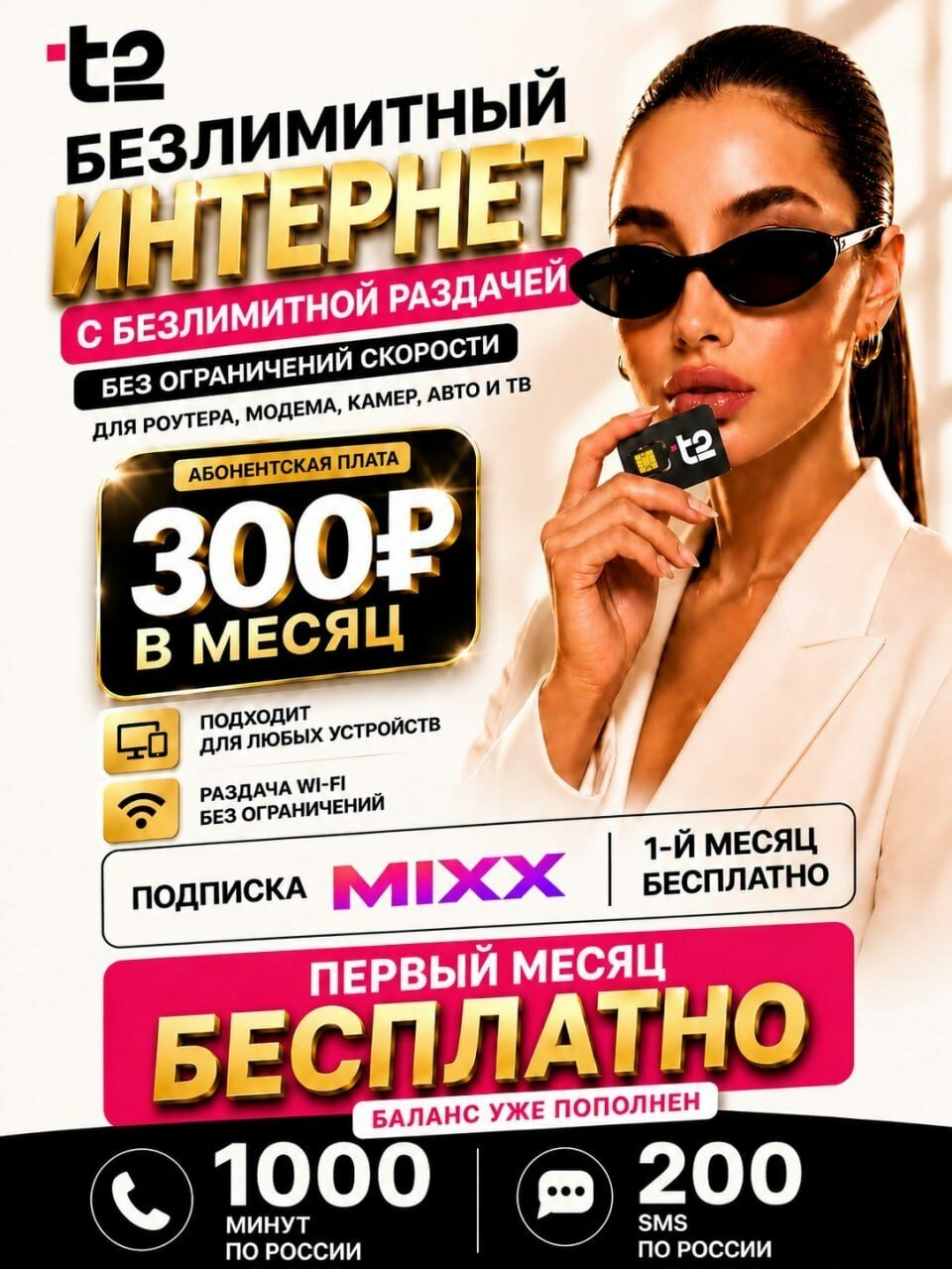 T2 сим карта безлимитный интернет и раздача для роутера, модема, камер видеонаблюдения Симка t2 1000 минут и 200 SMS по всей России. Тариф T2 "Партнер М" 300 р/мес.