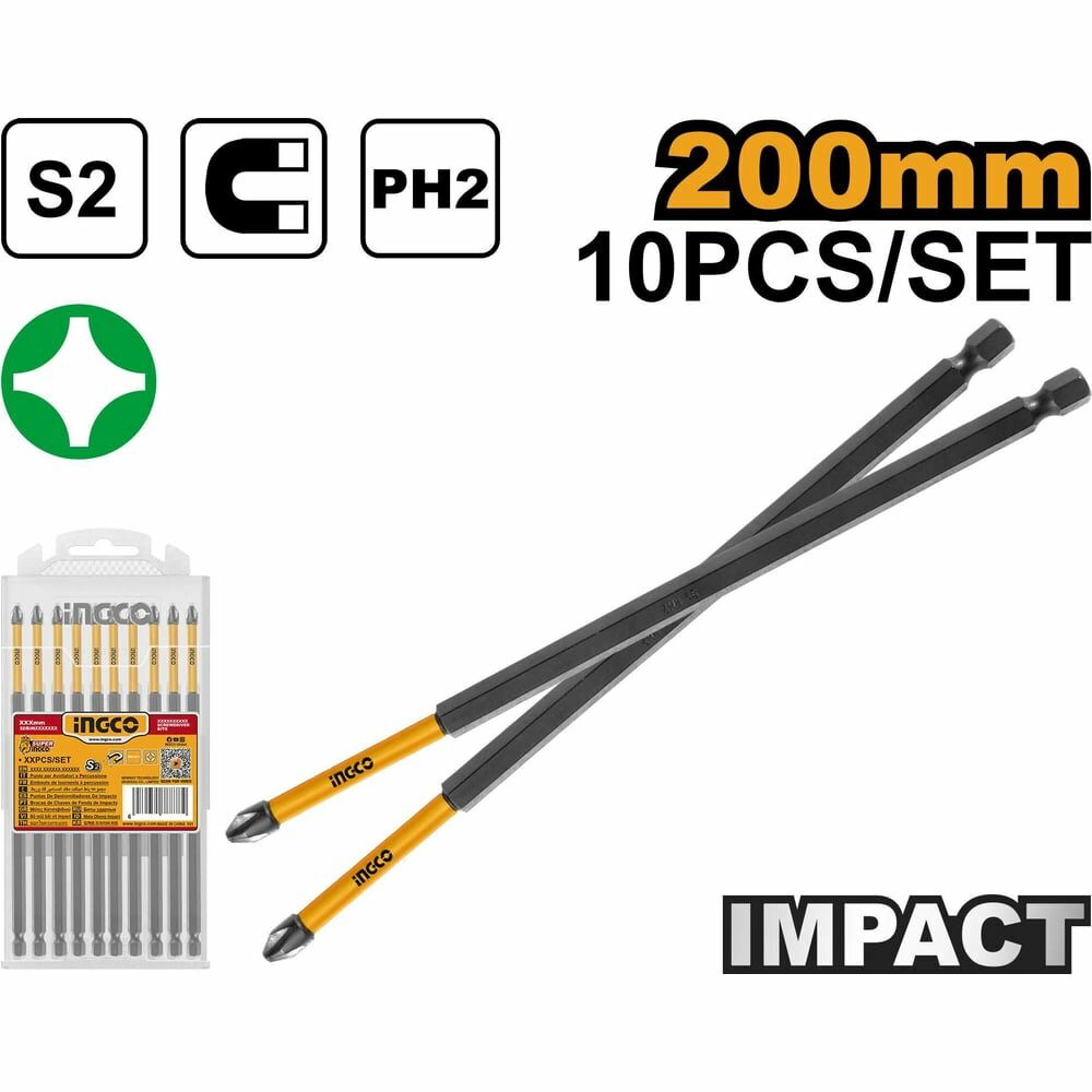 Набор ударных бит INGCO PH2, 200 мм 10 шт INDUSTRIAL SDBIM11PH285