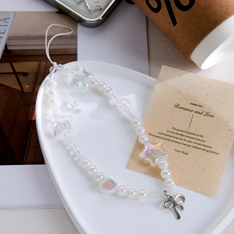 Изысканная цепочка для телефона Sweet Pearl Star Bow для женщин с подвеской в виде сердца, брелок с кристаллами и бусинами, универсальный аксессуар для камеры