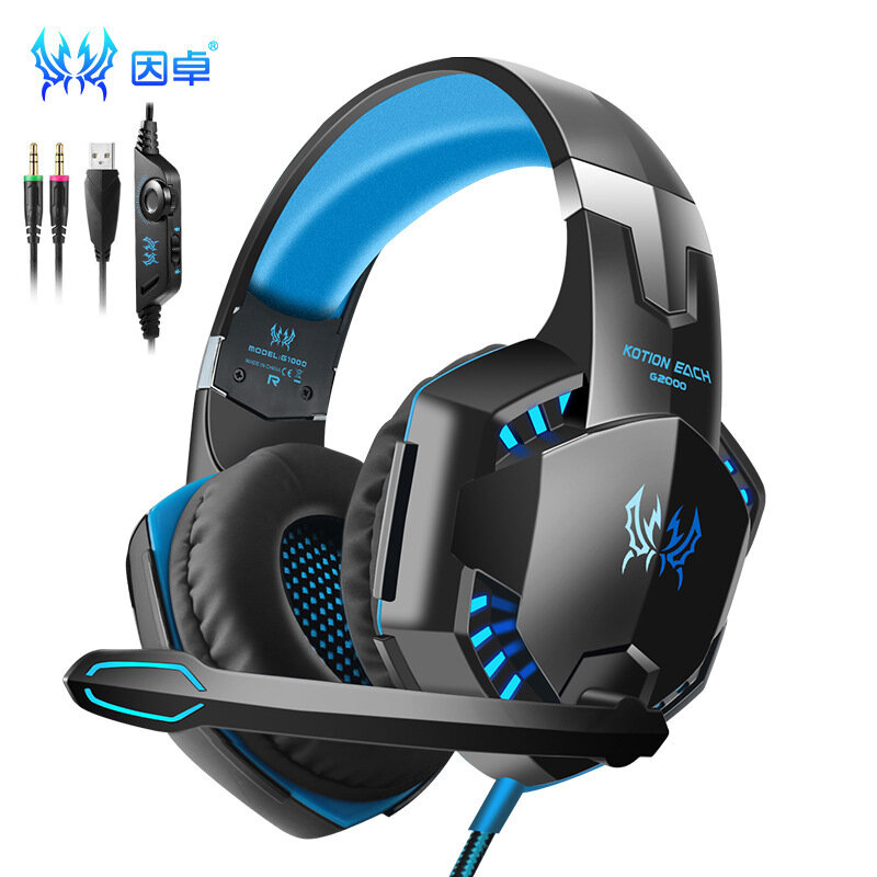 Kotion G2000 Проводная игровая гарнитура с RGB подсветкой для ПК и PS4, двойной разъем, черно-голубой