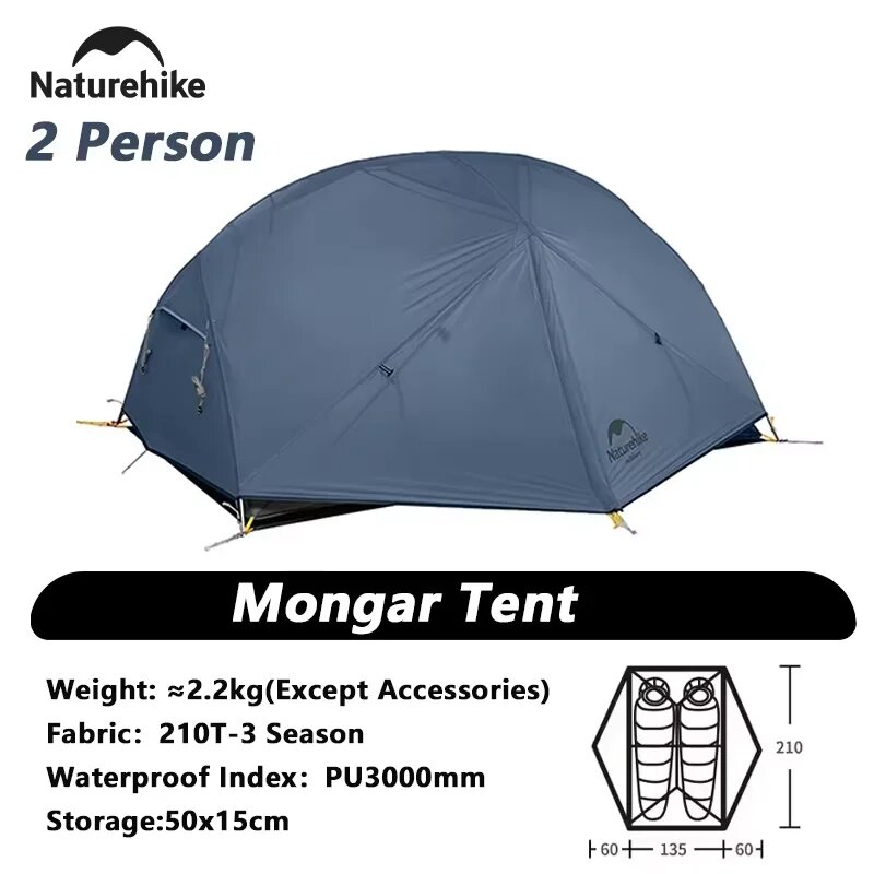 Палатка Naturehike Mongar 2 из полиэстера 210T для кемпинга, походов, ультralегкая, водонепроницаемая, для 2 человек, для походов с рюкзаком, 3-сезонная, для откры-air