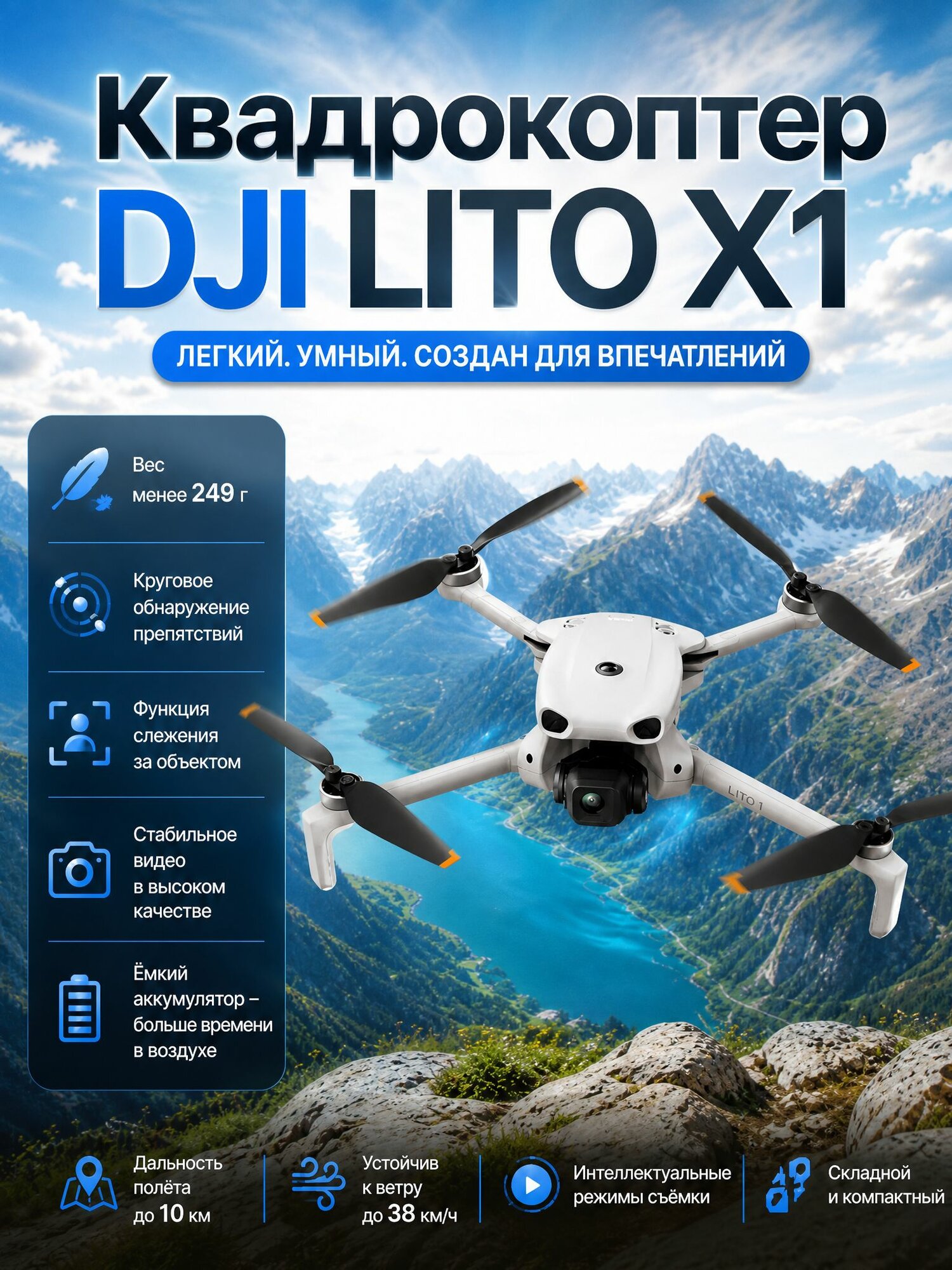 Квадрокоптер DJI LITO X1 с камерой, складной дрон с пультом управления, квадрокоптер для начинающих