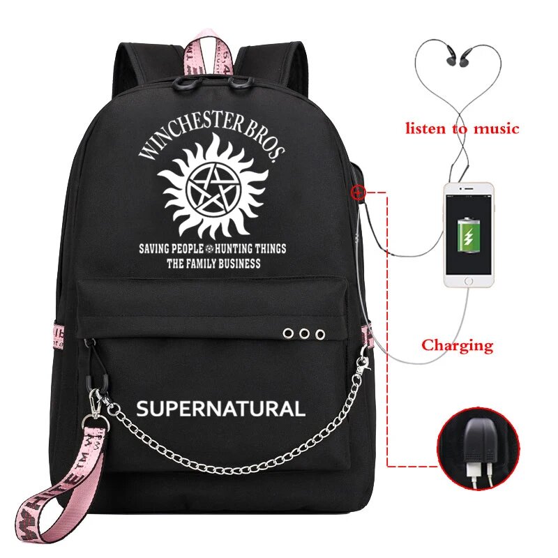 Рюкзак с принтом сверхъестественного SPN и USB-портом для наушников, школьные сумки для мальчиков 6