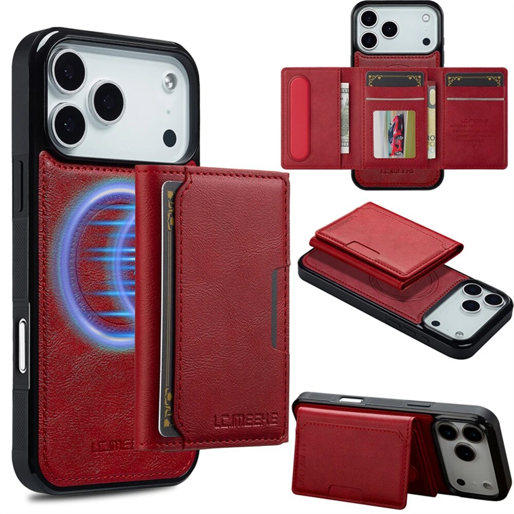 Магнитный Кожаный Чехол-кошелек Для iPhone - Держатель Для Карт iPhone 12 mini, Красный, Red