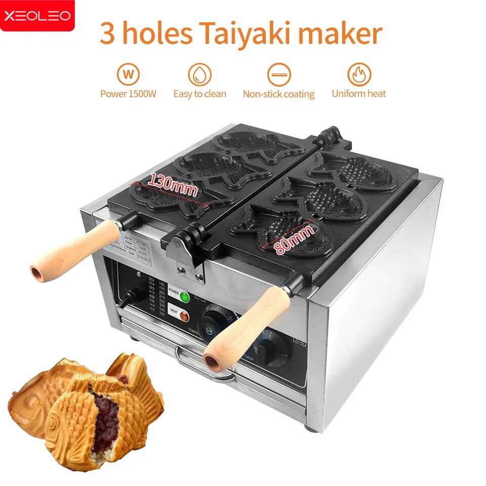 XEOLEO Taiyaki Maker 3 ПК Машина для вафлей в форме рыбы 1400Вт Машина для тайяки с мороженым с антипригарным покрытием Электрическая/Газовая