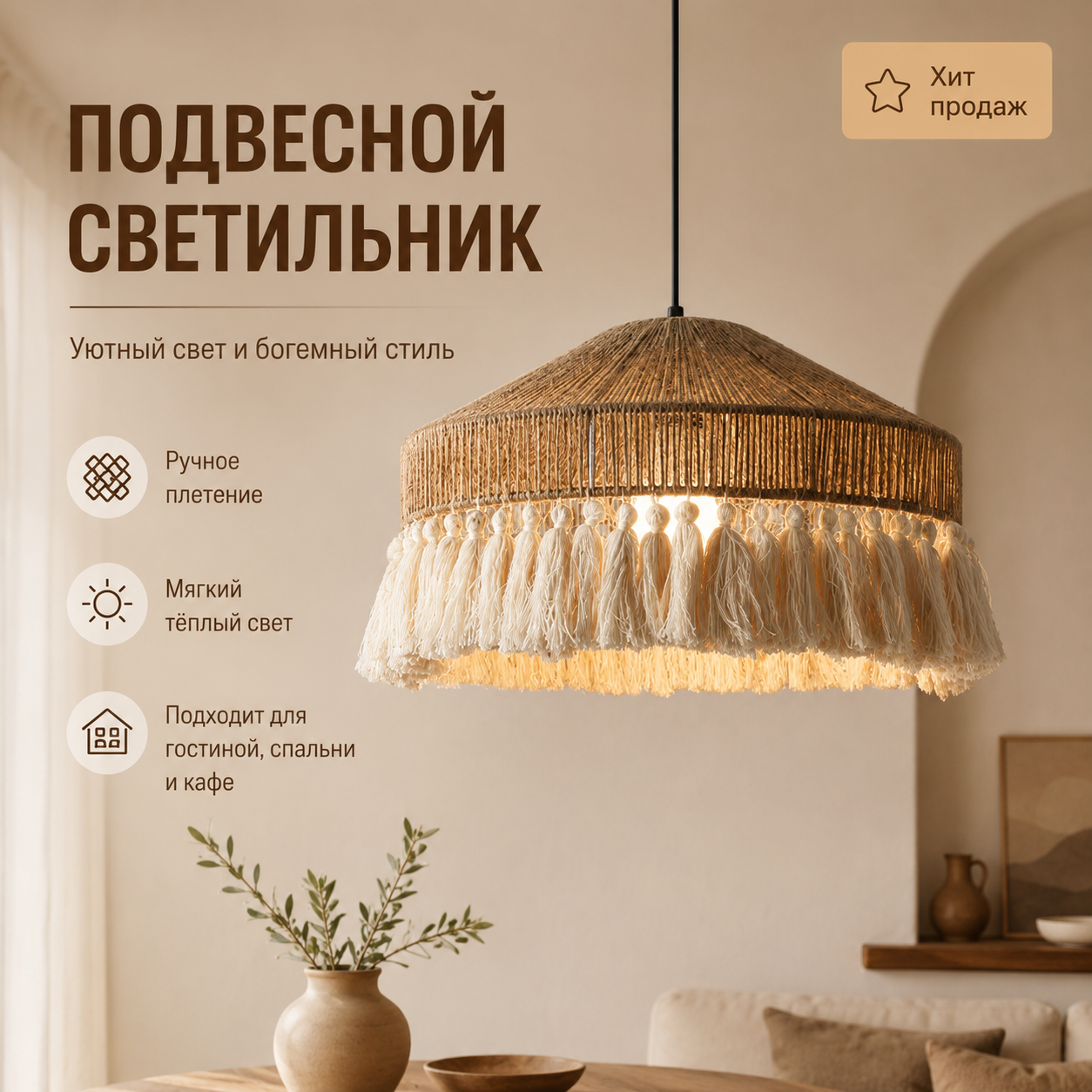 Потолочный светильник в стиле бохо, регулируемая цепь, площадь освещения 8‑12 кв. м