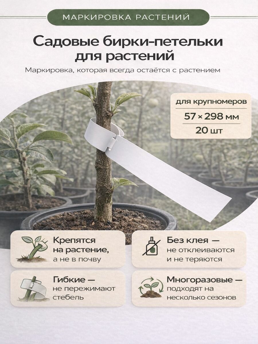 Садовые бирки Петельки для крупномеров 57 х 298 мм белая 20 шт Благодатное земледелие