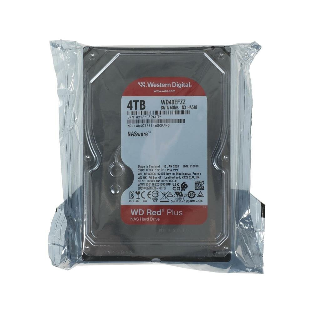 Жесткий диск/ HDD WD SATA3 4Tb NAS Red Plus 5400 128Mb 1 year warranty (replacement WD40EFZX, WD40EFAX, WD40EFPX)