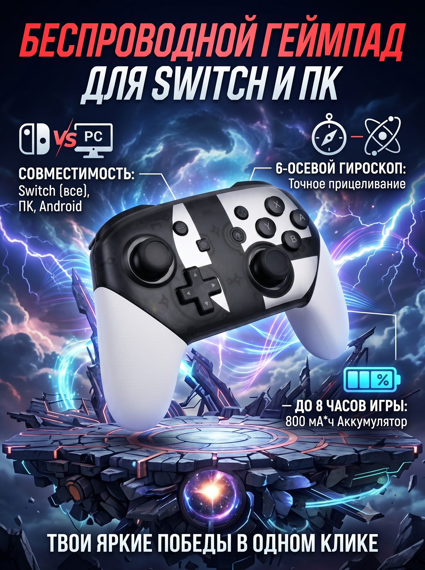 Геймпад беспроводной N-SL для Nintendo Switch для консоли/приставки, ПК, черный, белый