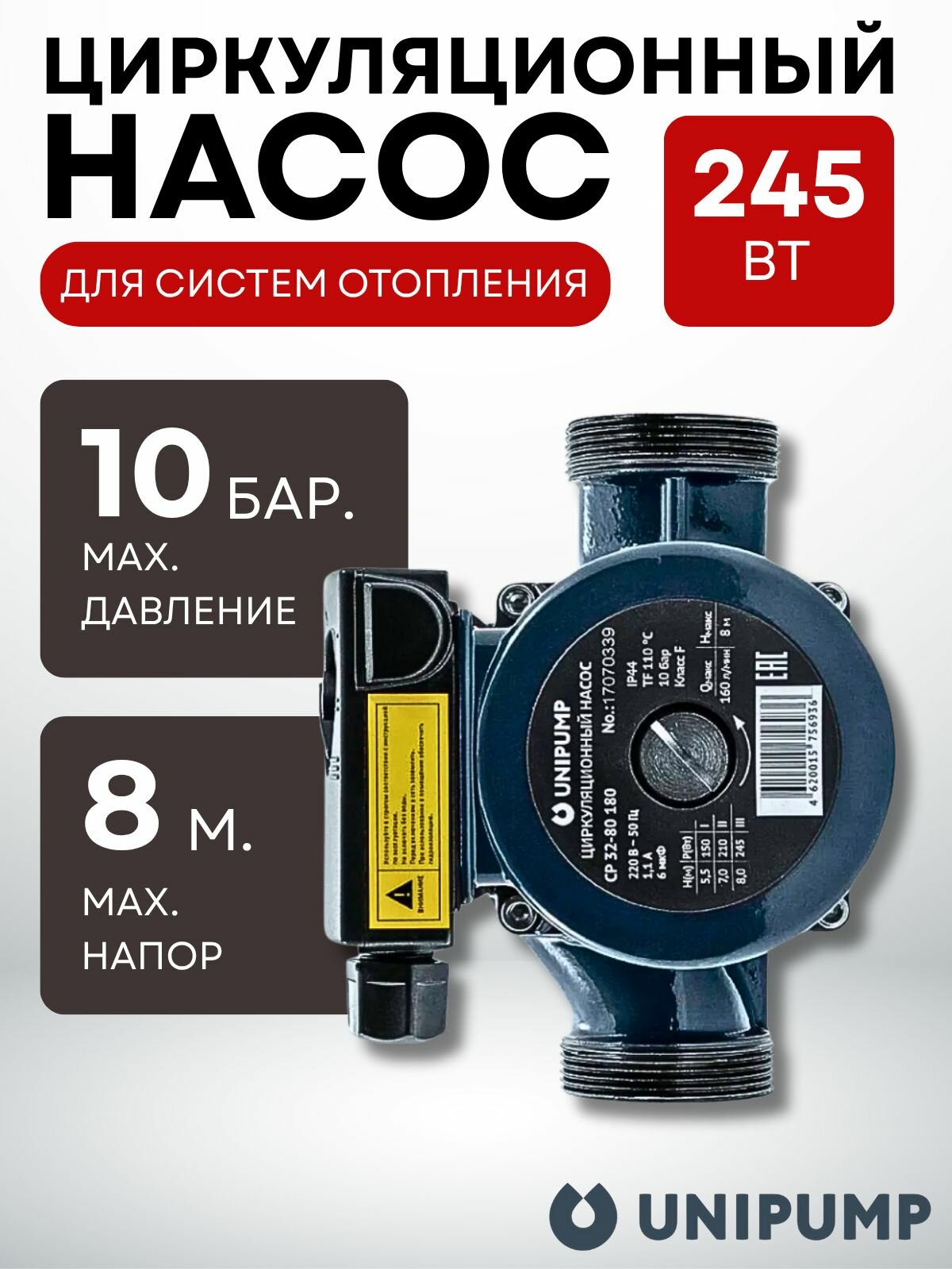 Насос для воды поверхностный циркуляционный Для отопления и повышения давления в саду и на даче UNIPUMP 77870